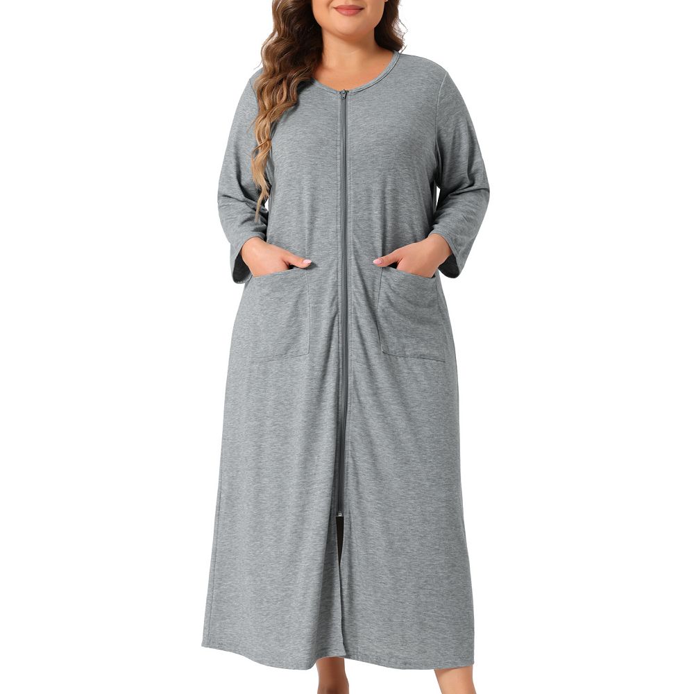 Plus Size Sleepwear for Women Zipper Front 3/4 Sleeves Robe Bathrobes ...