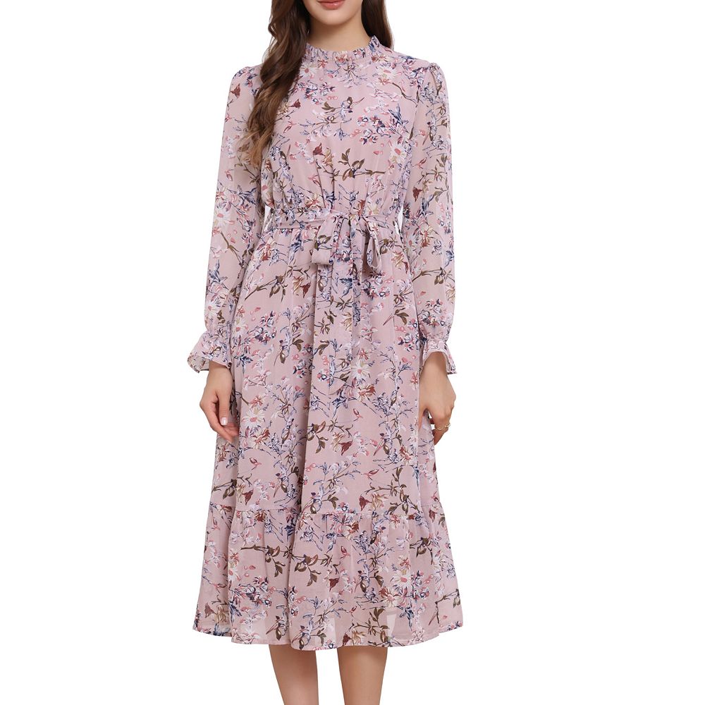 Floral Mock Neck Dress for Women's Long Sleeve Elastic Waist Flowy ...