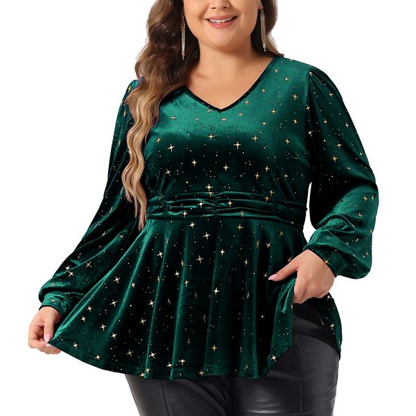 Plus Size Velvet Tops for Women V Neck Long Sleeve Shiny Gilding ...