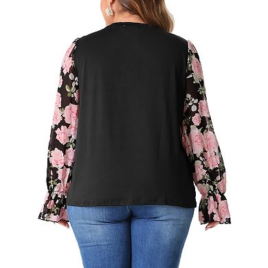 Plus Size Tops for Women Crew Neck Floral Printed Long Sleeve Blouses