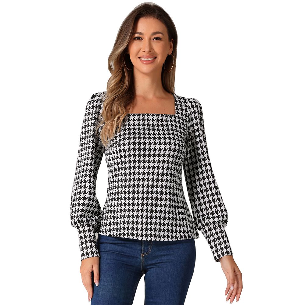 Houndstooth Tops for Women's Square Neck Bishop Sleeve Casual Blouse