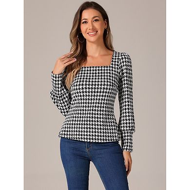 Houndstooth Tops for Women's Square Neck Bishop Sleeve Casual Blouse