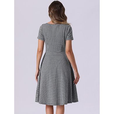 Houndstooth Vintage Dress for Women's Boat Neck Short Sleeve Elegant A ...