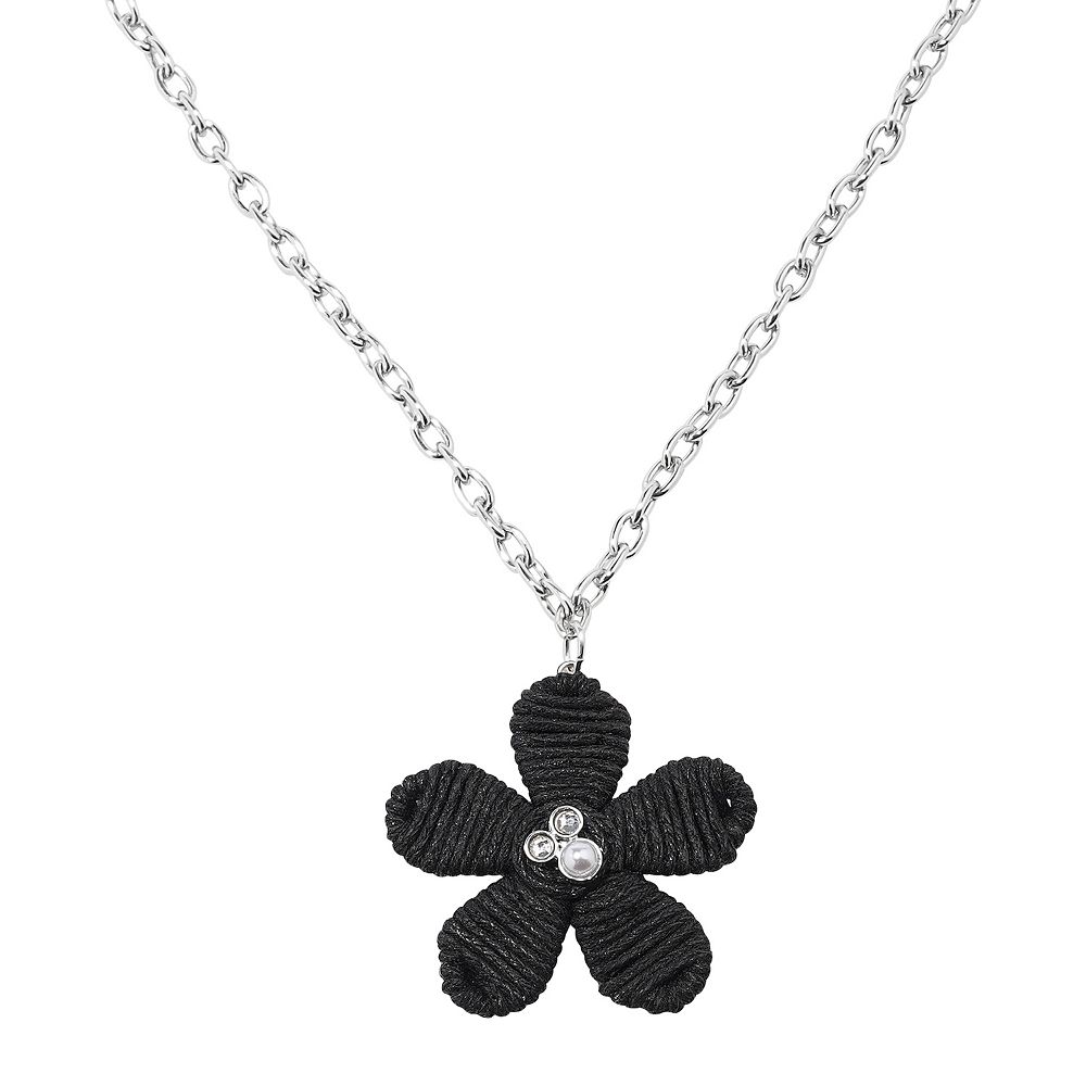 Emberly Silver Tone Black Wrapped Chain Flower Pendant Necklace
