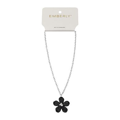 Emberly Silver Tone Black Wrapped Chain Flower Pendant Necklace