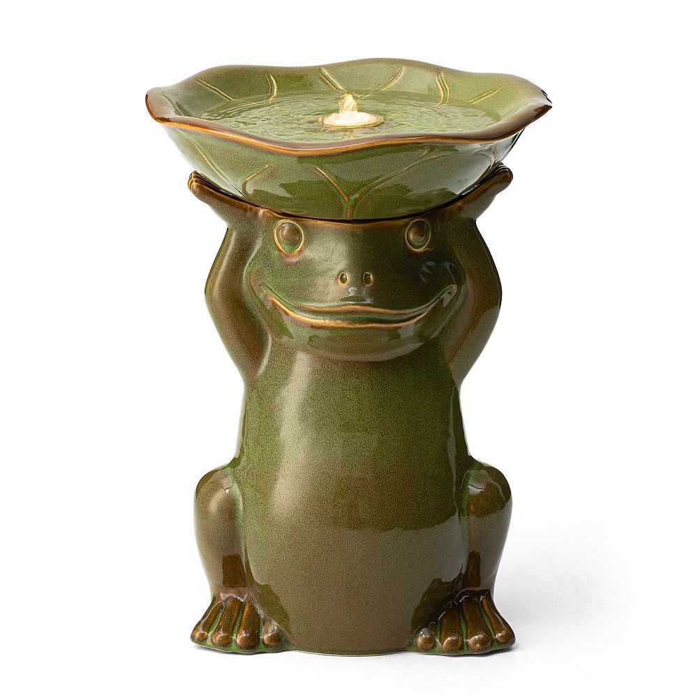 Glitzhome Olive Green Frog Hold a Lotus Birdbath Ceramic Outdoor Floor ...