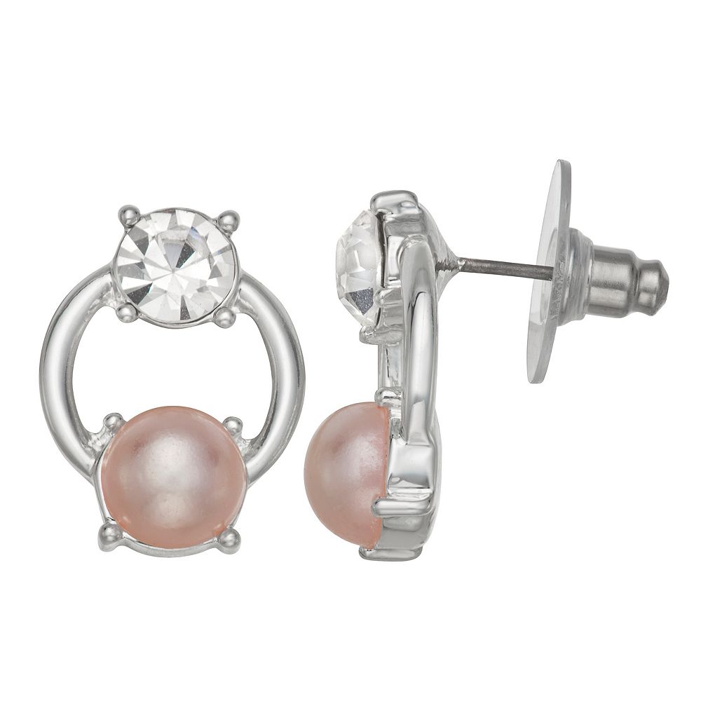 You're Invited Silver Tone Crystal & Simulated Pearl Pink Small Hoop Earrings