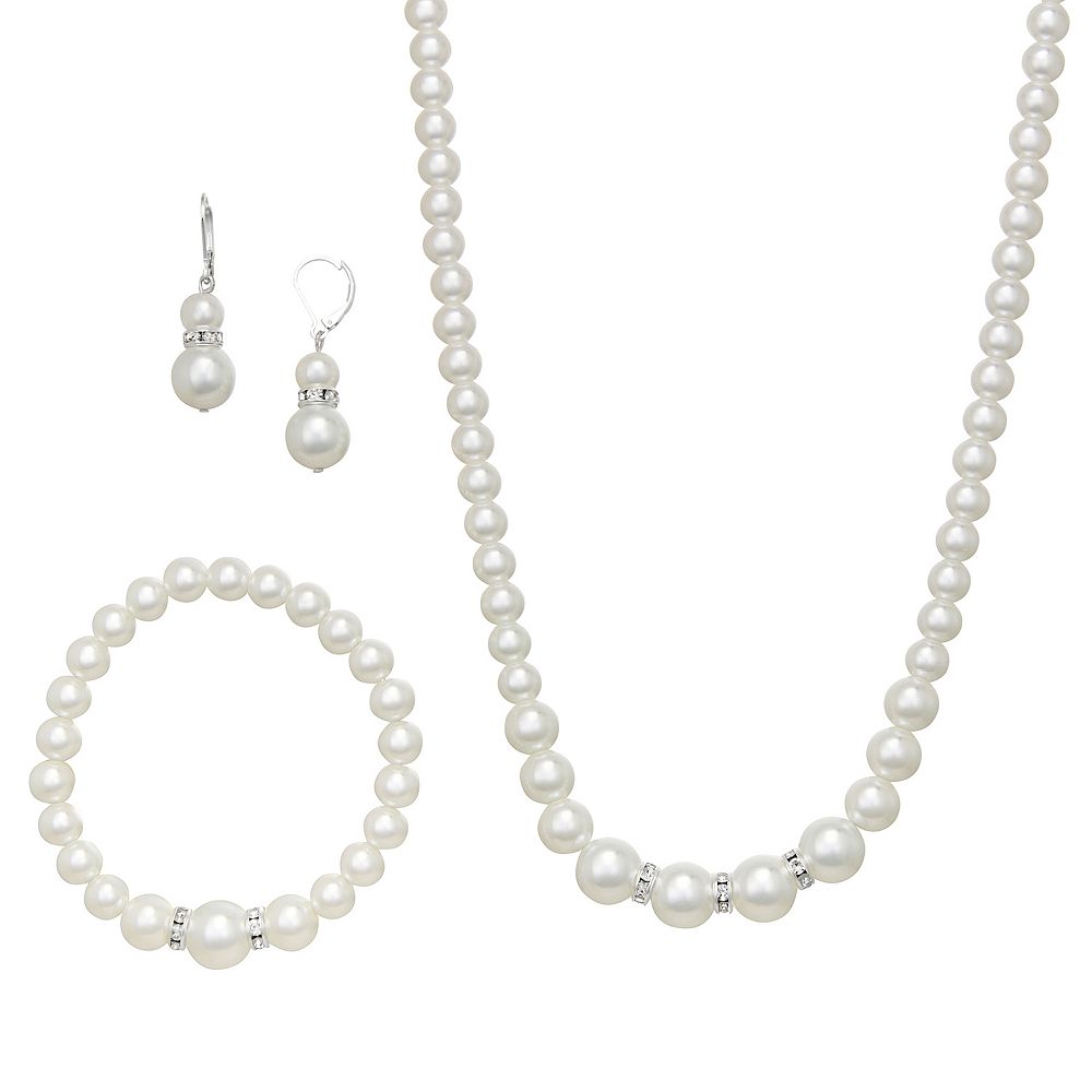 You're Invited Silver Tone Simulated Pearl Necklace, Bracelet, & Drop Earring Set