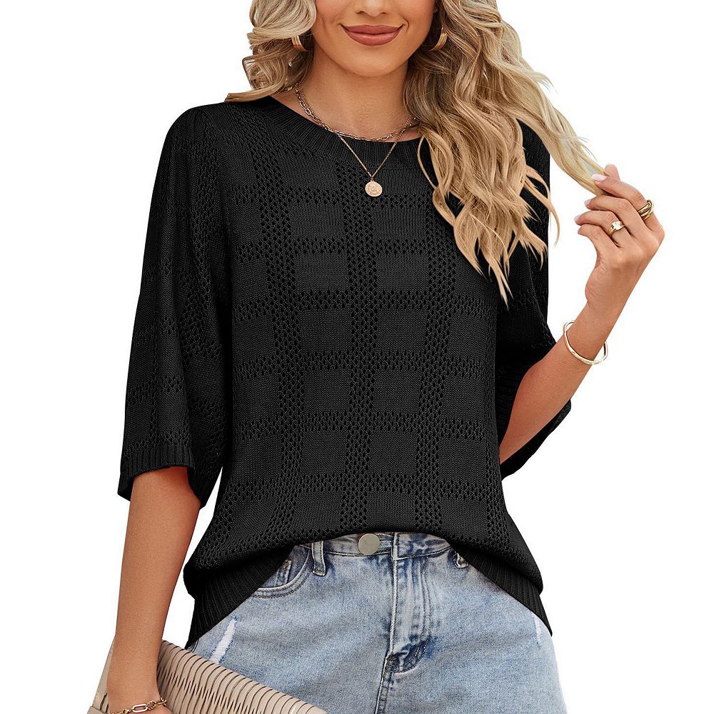 Summer Women's Crew Neck Hollowed-Out Sunscreen Sweater Cover-up Waffle ...