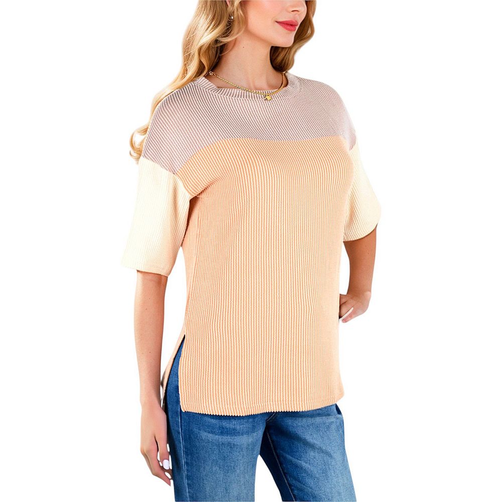 Women's Color Block Knit Top with Crew Neck and Short Sleeves