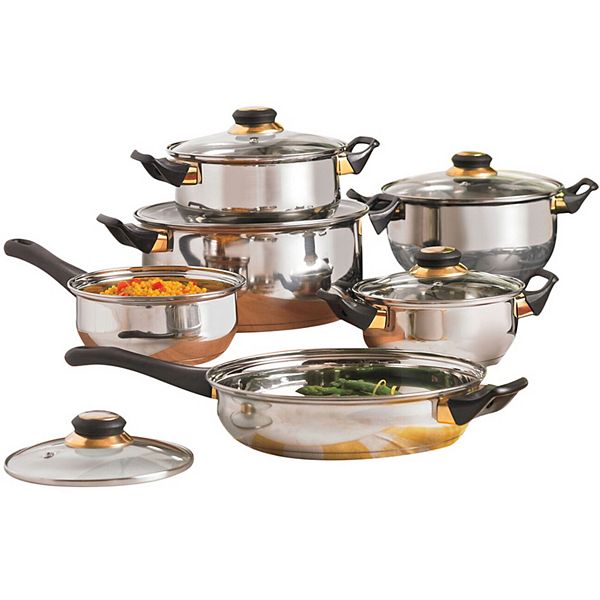 BrylaneHome 12 Piece Mirror Polish Stainless Steel Cookware Set With ...