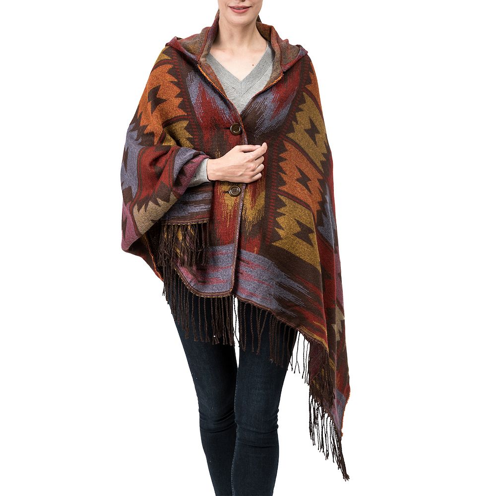 Glitzhome 78.35"L Patterned Poncho Shawl Hoodie w/2 Button Closure and Tassels, 440g
