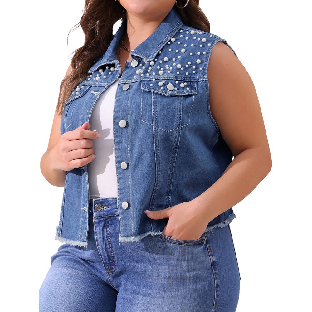 Women's Plus Size Distressed Denim Vest with Embroidered Pearls