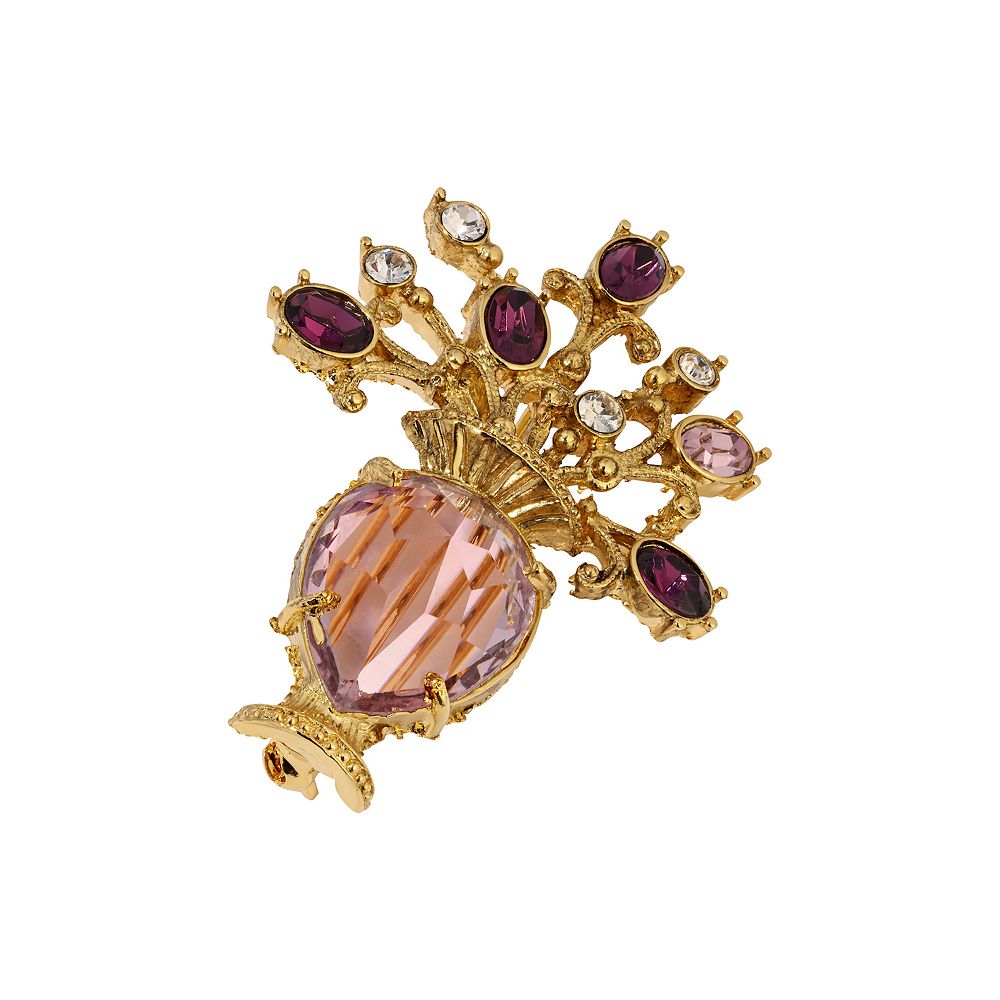 1928 Gold Tone Purple Crystal Flower Vase Brooch