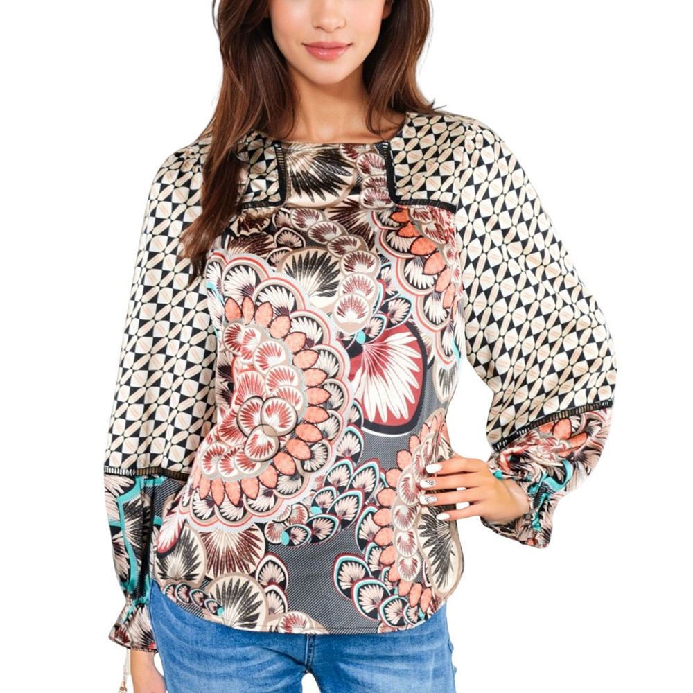Women's Long Sleeve Print Blouse With Geometric And Floral Patterns