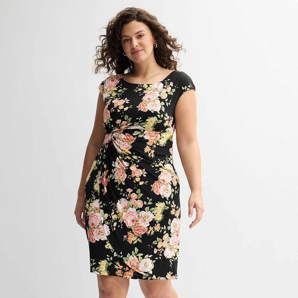 Plus Size Studio Connection Cap Sleeve Side Drape Dress