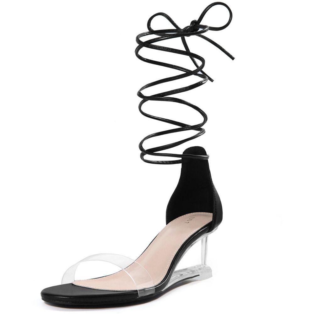 Clear Strap Lace Up Open Toe Clear Wedges Heel Sandals for Women
