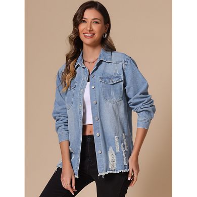 Women's Denim Jackets Oversized Frayed Hem Pockets Long Sleeve Button Down Jean Jacket
