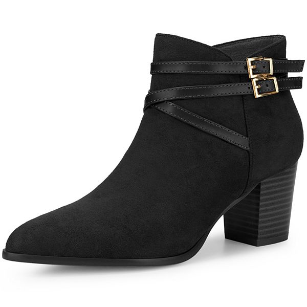 Women's Strappy Pointed Toe Buckle Chunky Heel Ankle Booties