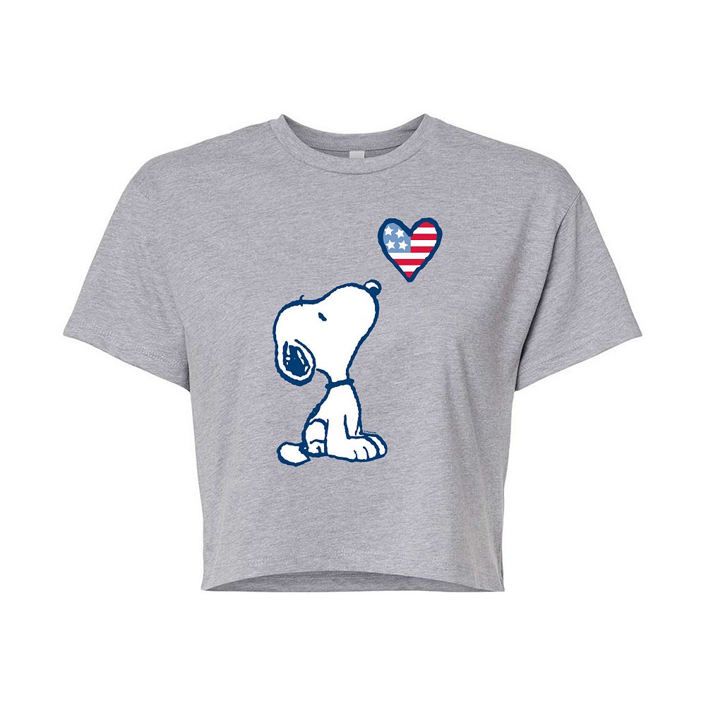 Juniors' Peanuts Snoopy USA Flag Heart Cropped Tee