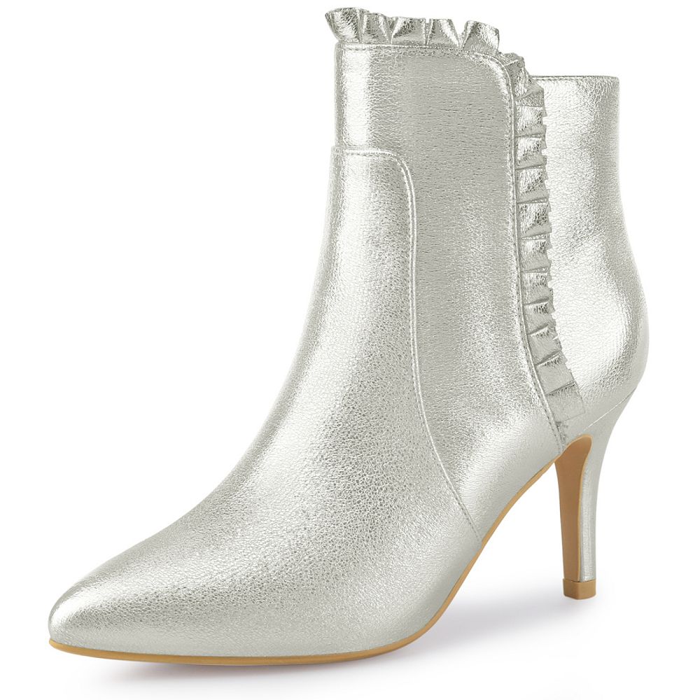 Ruffled Ankle Boot Stiletto Heel Metallic Booties for Women