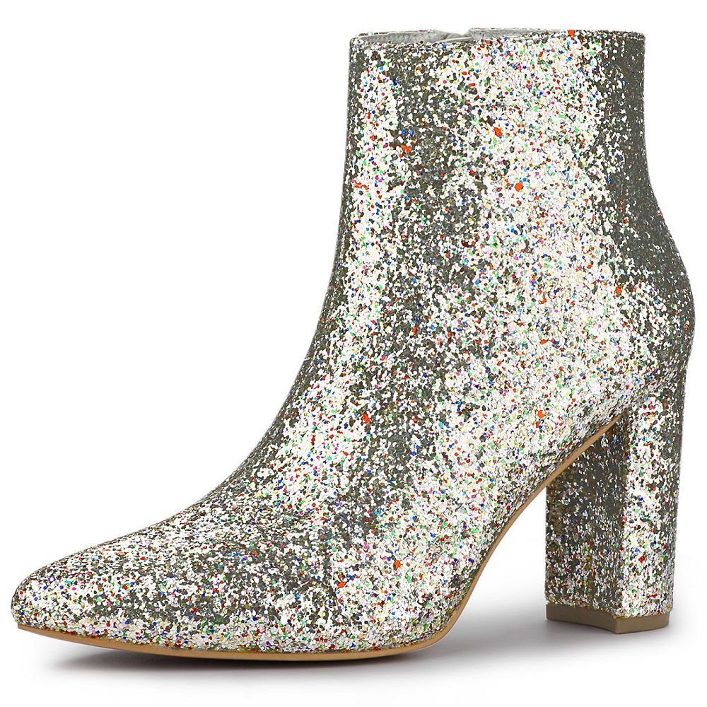 Women's Glitter Pointed Toe Chunky Heel Ankle Boots