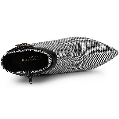 Women's Buckle Stiletto Heels Houndstooth Ankle Boots