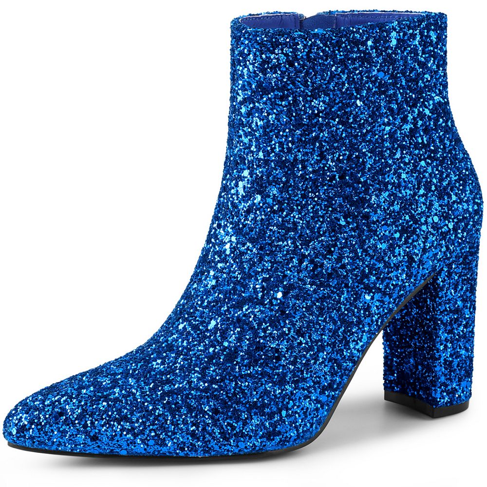 Women's Glitter Pointed Toe Chunky Heel Ankle Boots