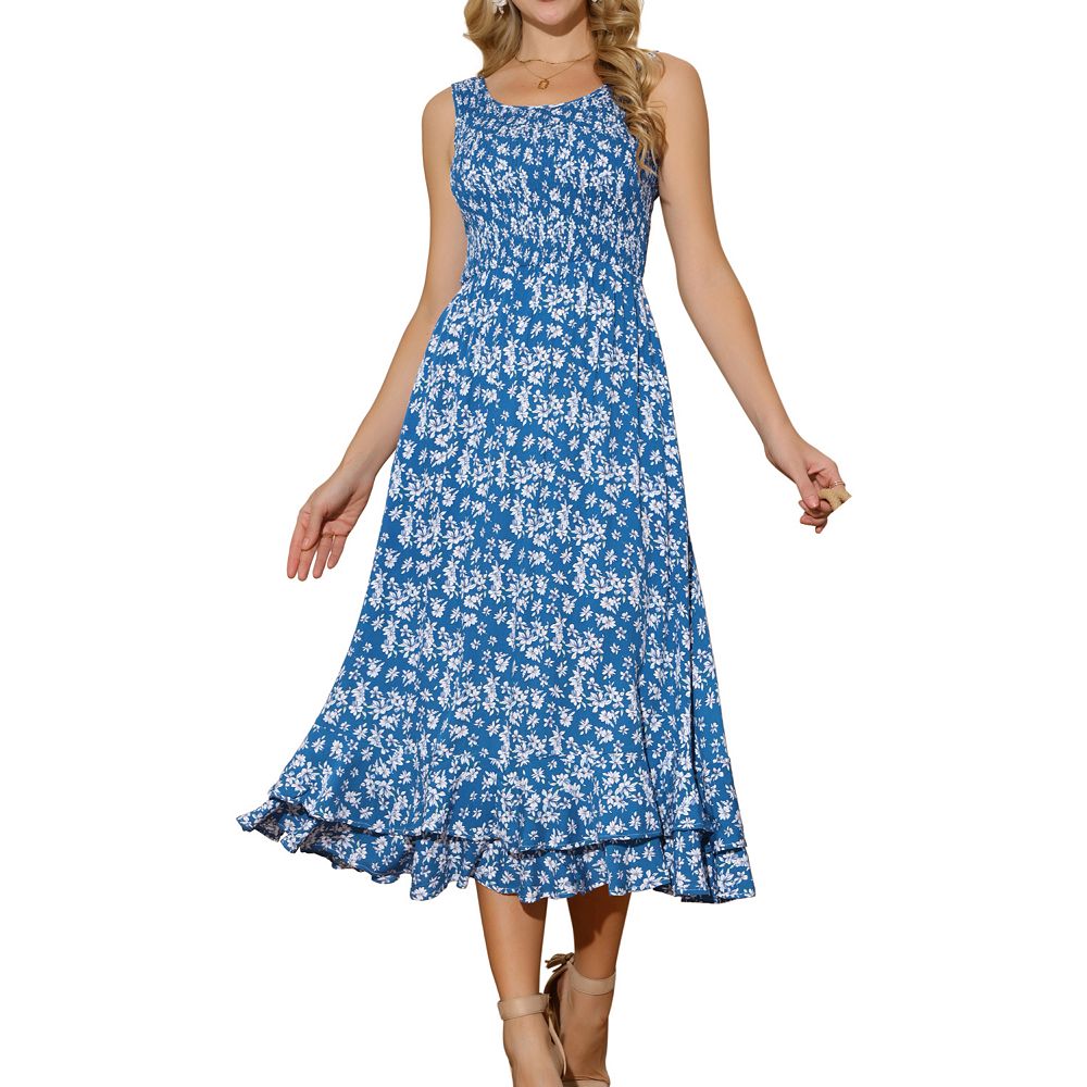 Women's Summer Dresses Scoop Neck Sleeveless Ruffle Hem Tiered Floral ...