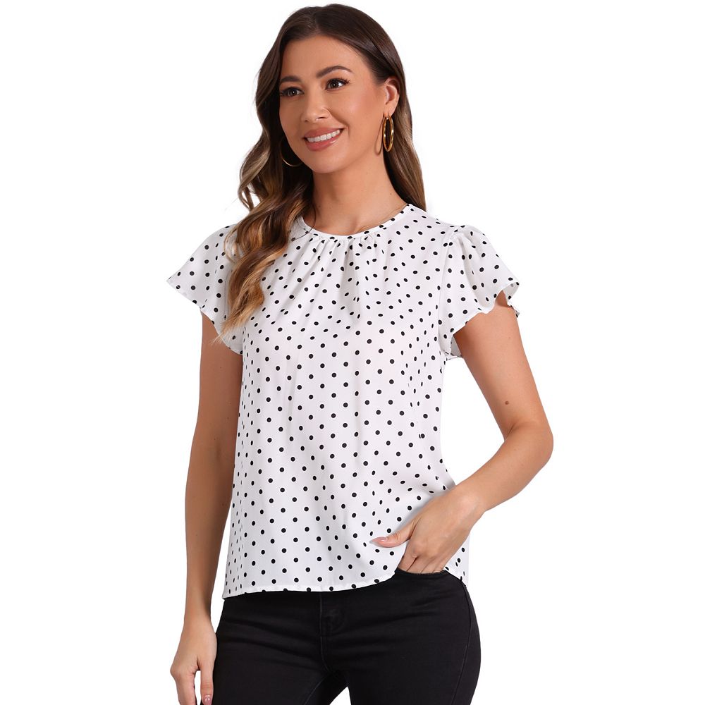 Polka Dots Tops for Women's Puffy Sleeve Round Pleated Neck Casual ...