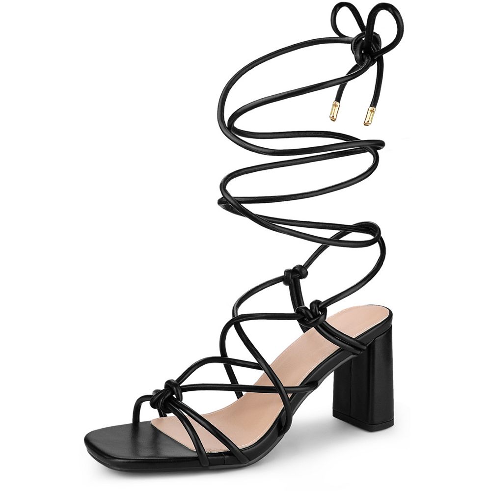 Strappy Heels Knots Square Toe Block Heel Lace Up Sandals for Women