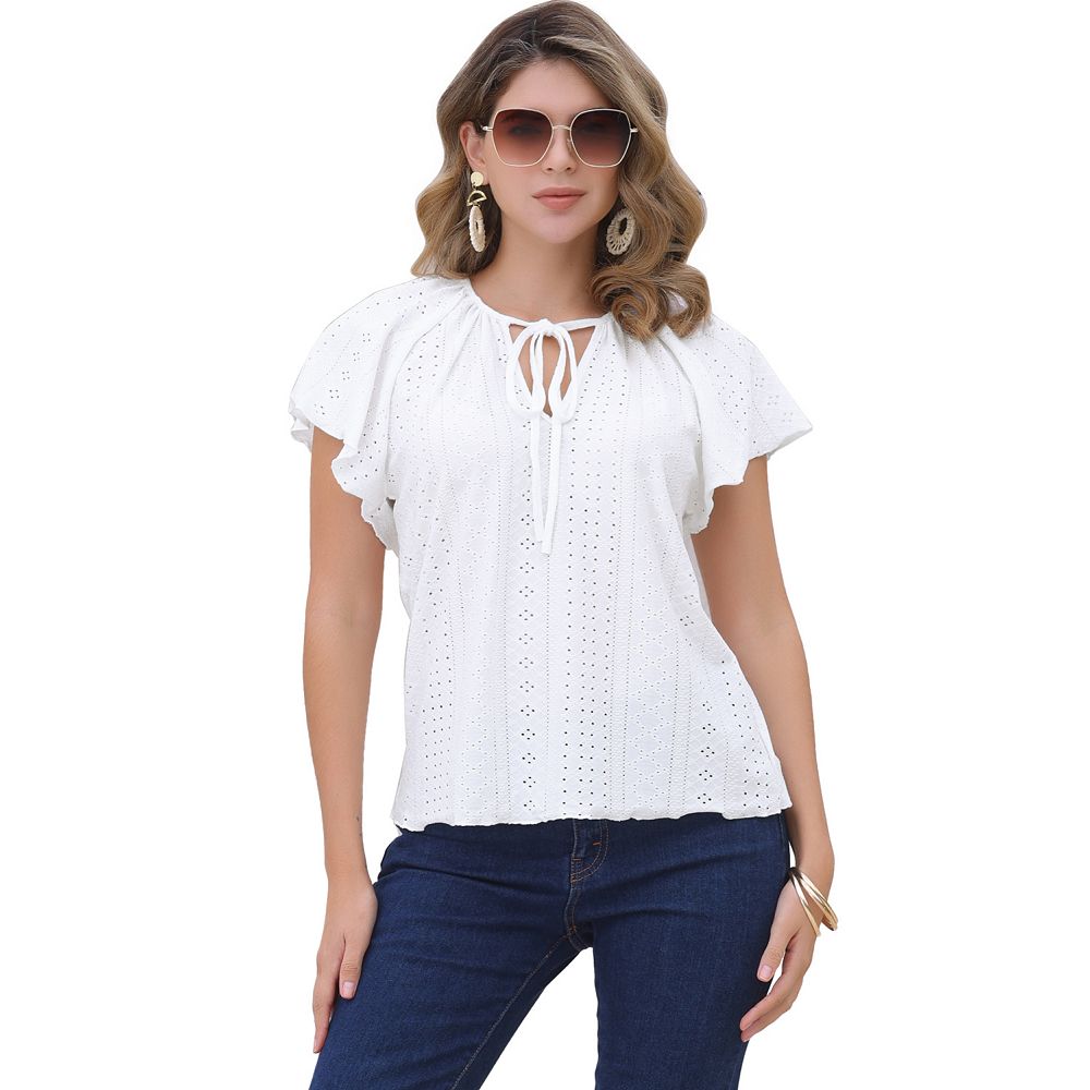 Women's Ruffle Short Sleeve Blouse Eyelet Drawstring Crewneck Casual Tops