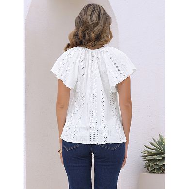 Women's Ruffle Short Sleeve Blouse Eyelet Drawstring Crewneck Casual Tops