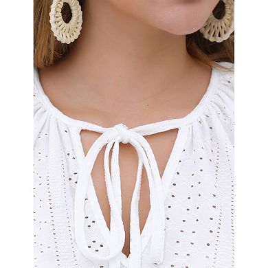 Women's Ruffle Short Sleeve Blouse Eyelet Drawstring Crewneck Casual Tops