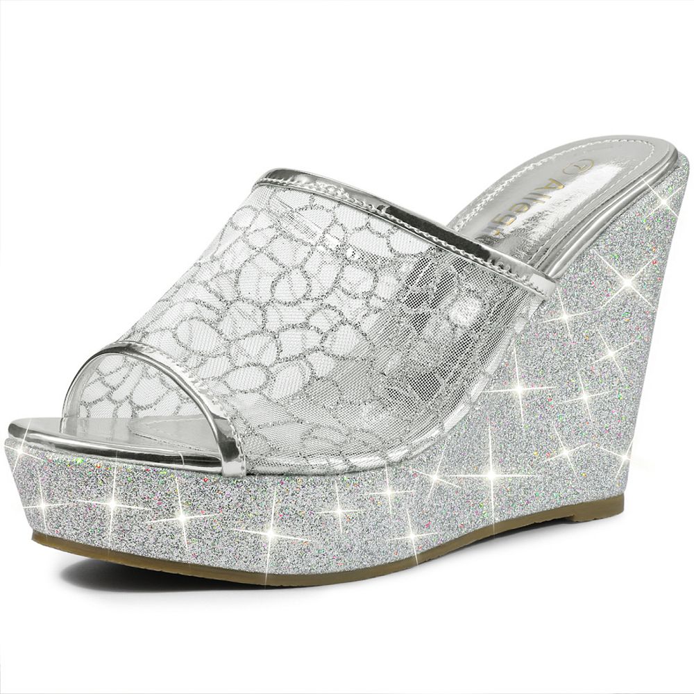 Women's Glitter Platform Wedges Slip on Wedge Sandals