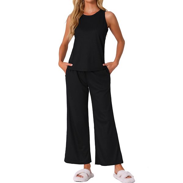 Women's Tank Top Pajama Set Waffle Knit Wide Leg Pants 2 Piece Lounge Set