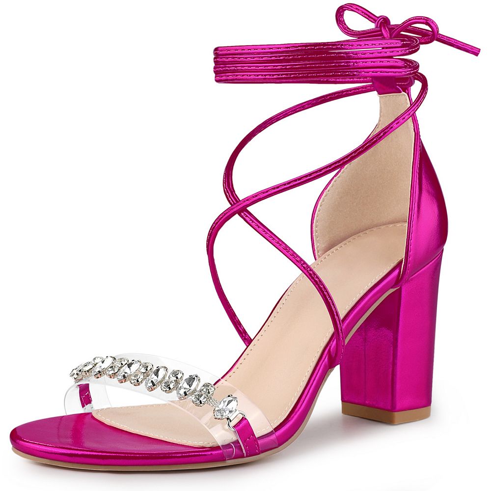 Crystal Rhinestones Strap Lace Up Chunky Heel Sandals for Women