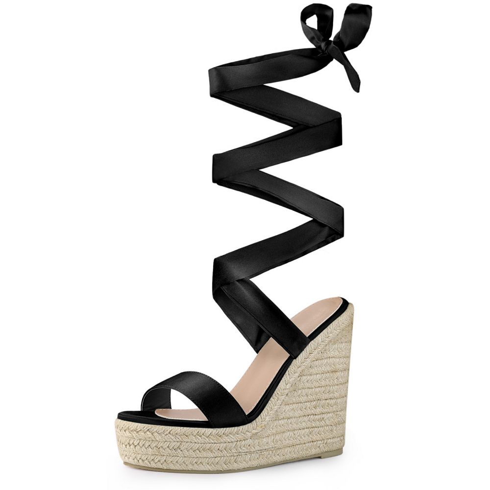 Platform Bow Ankle Tie Espadrilles Satin Lace Up Wedge Sandals for Women