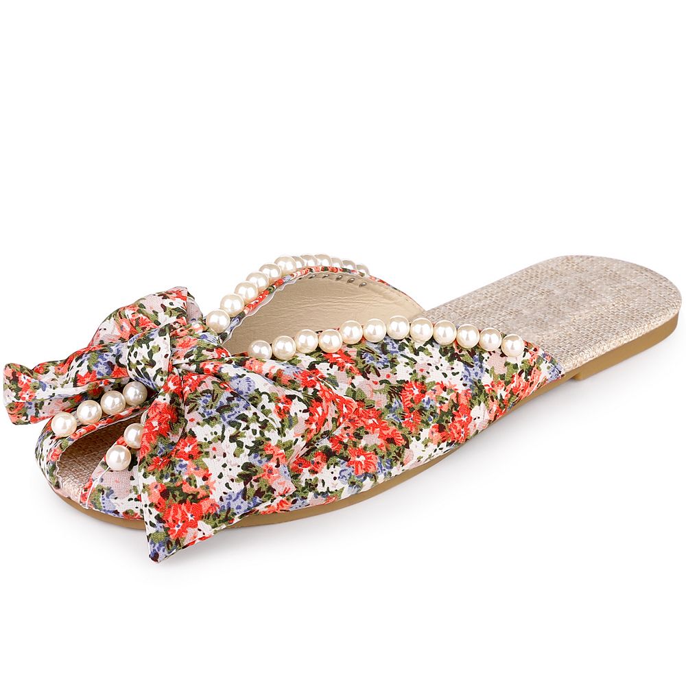 Floral Printed Peep Toe Slip on Pearl Flat Shoes Slides Mules for Women