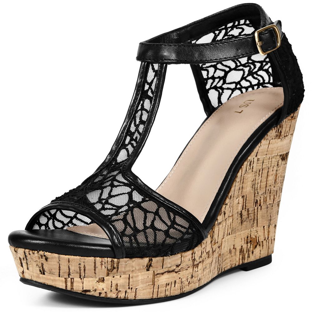 Lace T Strap Platform Wedges Sandals for Women