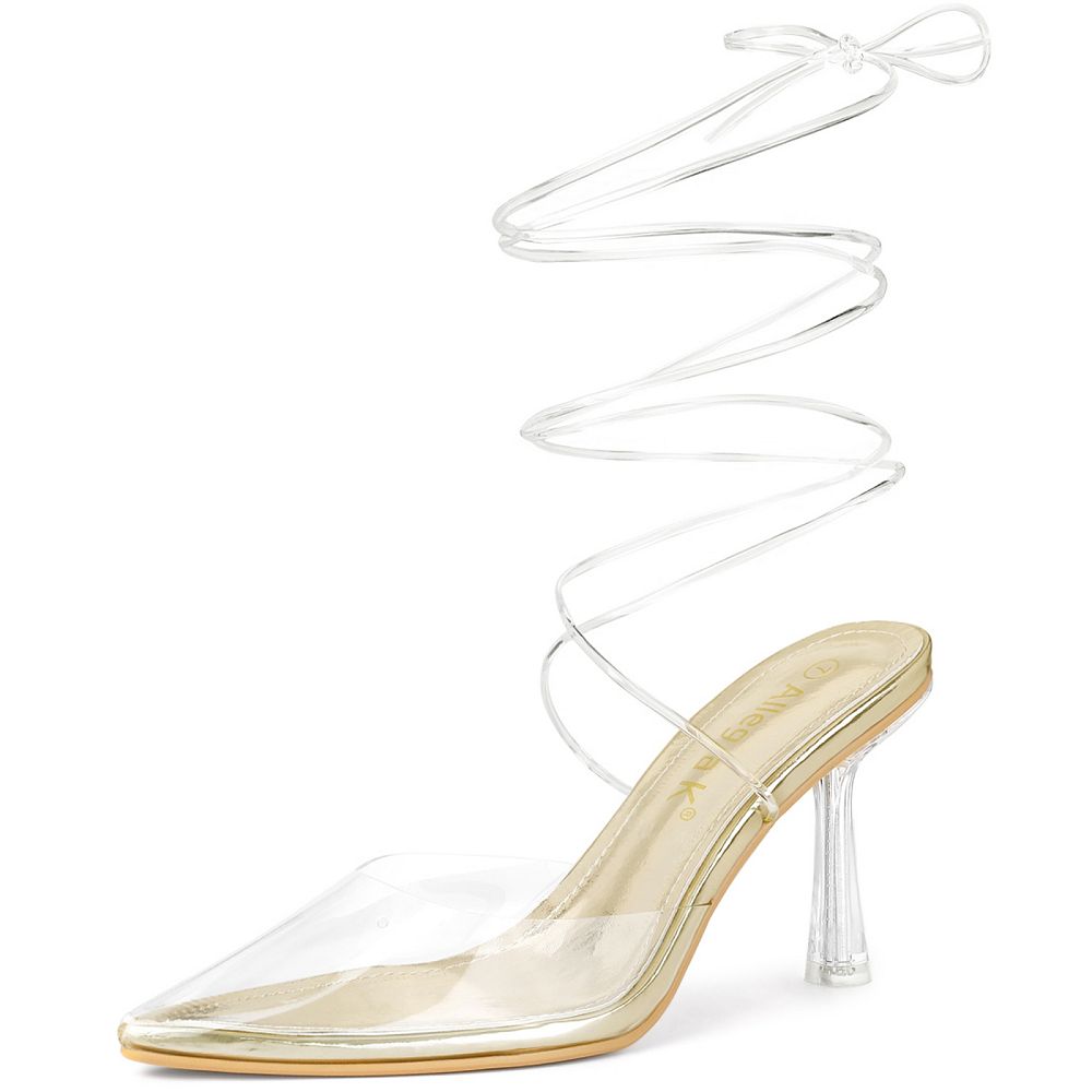 Women's Clear Heels Lace Up Strappy Stiletto Transparent Heel Sandals