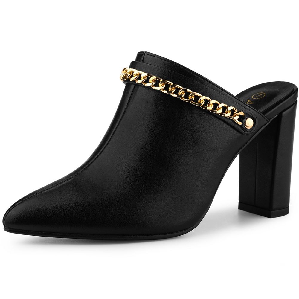 Women's Chain Mule Slides for Woman, Pointed Toe Chunky Heel Slides Mules