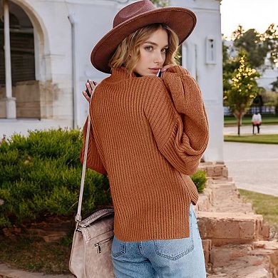 Women's Long Sleeve Ribbed Knit Sweater with Drop Shoulder Design