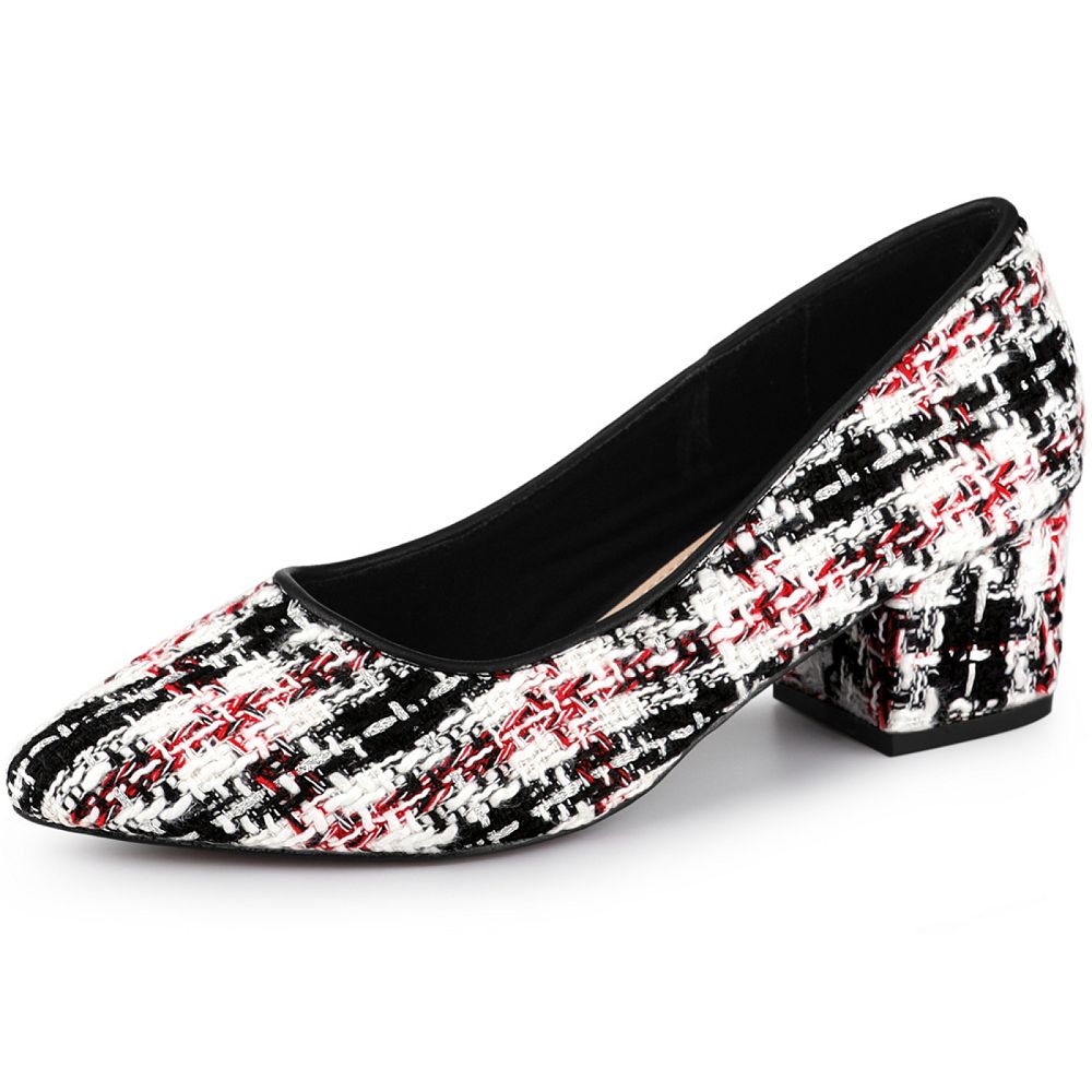 Women's Pointy Toe Tweed Plaid Knitted Printed Chunky Heels Pumps