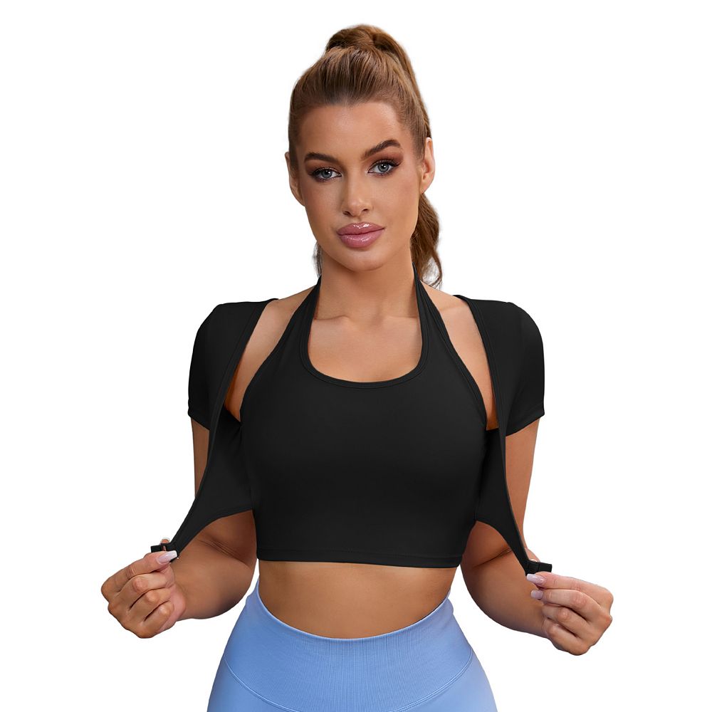 Women's Halter Neck Short Sleeve Workout Crop Tops Front Closure Slim ...