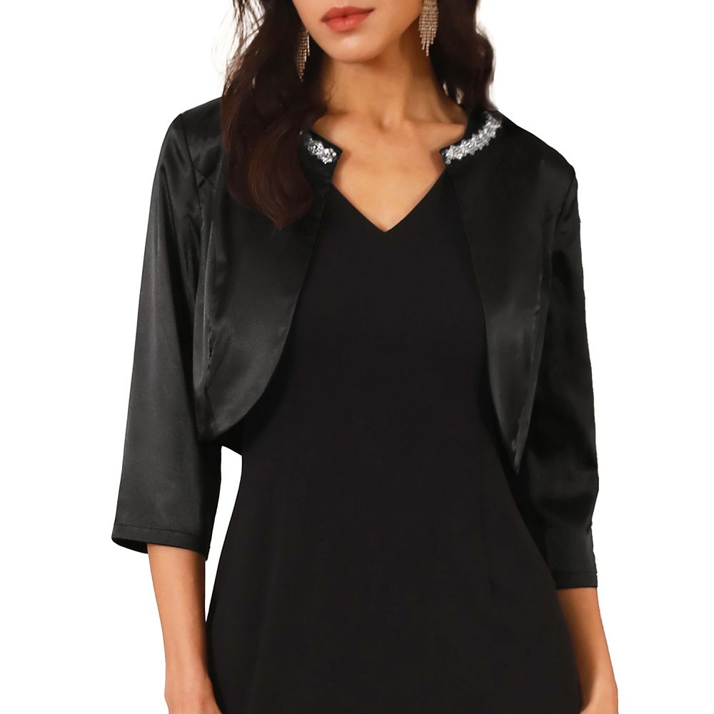 Women's Satin Shrugs 3/4 Sleeve Open Front Elegant Cropped Bolero Cardigans