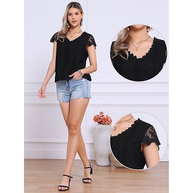 Lace Summer Tops for Women's Dressy Short Sleeve Casual Blouse
