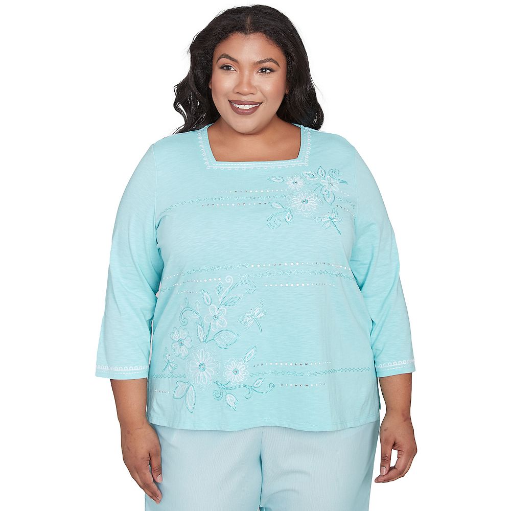 Plus Size Alfred Dunner Asymmetrical Dragonfly Embroidery Top