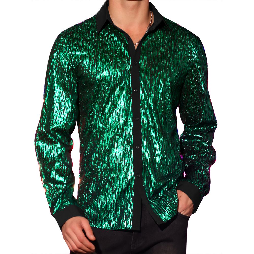 Metallic Shirts for Men's Button Long Sleeves Disco Sparkly Glitter Shirt