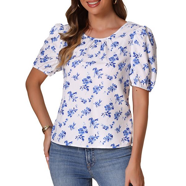 Puffy Sleeve Tops for Women's Floral Puffy Short Sleeve Tie Back Blouse ...